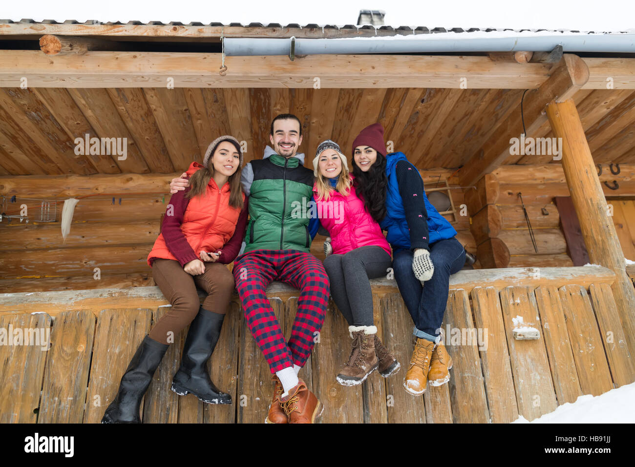 People Group Sitting On Terrace Wooden Country House Winter Snow Resort ...