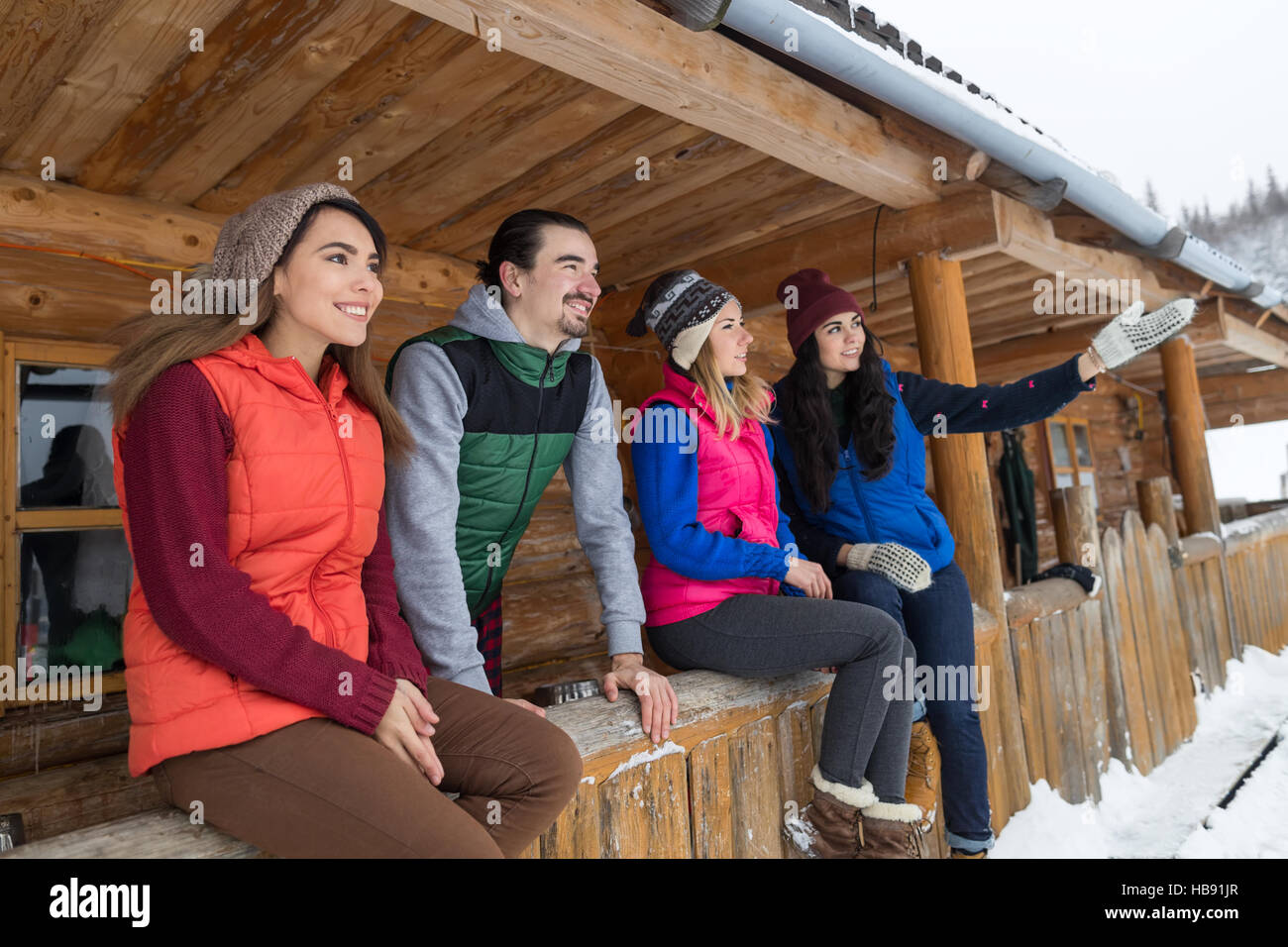 People Group Sitting On Terrace Wooden Country House Winter Snow Resort ...