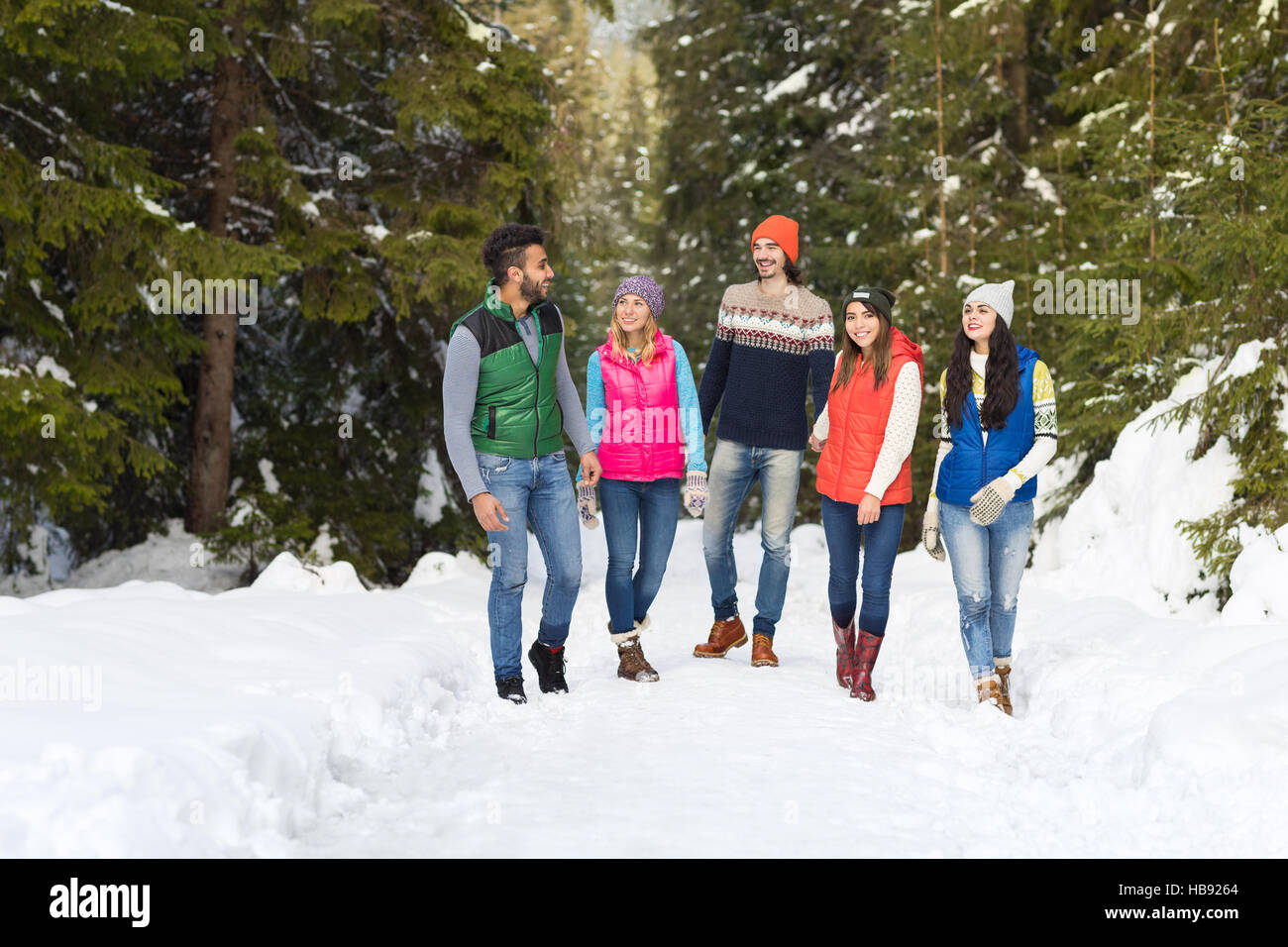 People Group Snow Forest Happy Smiling Young Friends Walking Outdoor ...