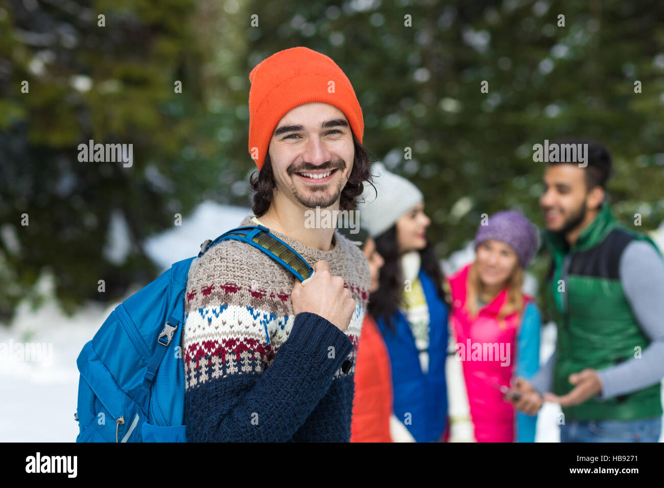 People Group Snow Forest Happy Smiling Young Friends Walking Outdoor ...