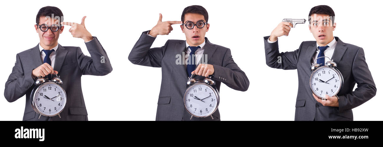 Man with clock isolated on white Stock Photo - Alamy