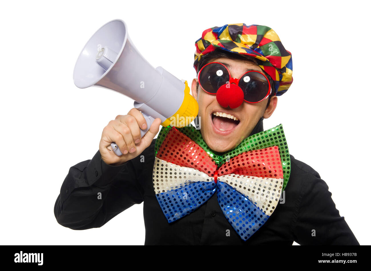 Clown with loudspeaker isolated on white Stock Photo - Alamy