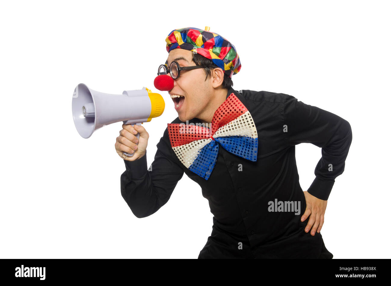Clown with loudspeaker isolated on white Stock Photo - Alamy