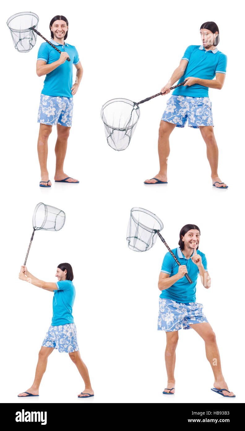 Man with big catching net isolated on white Stock Photo - Alamy