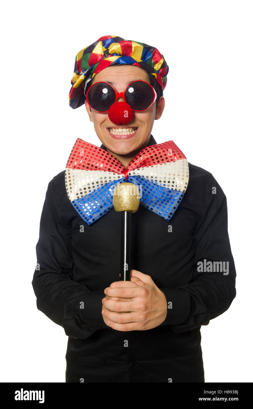 Clown with microphone isolated on white Stock Photo - Alamy