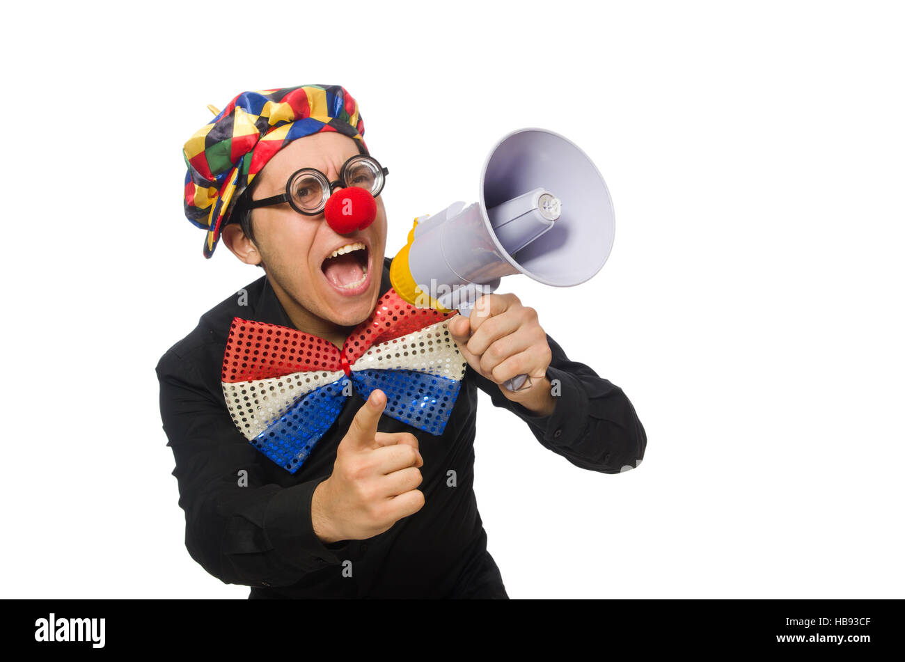 Clown with loudspeaker isolated on white Stock Photo - Alamy