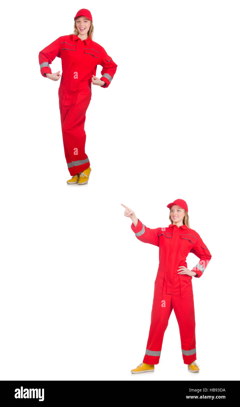 Woman in red overalls isolated on white Stock Photo - Alamy