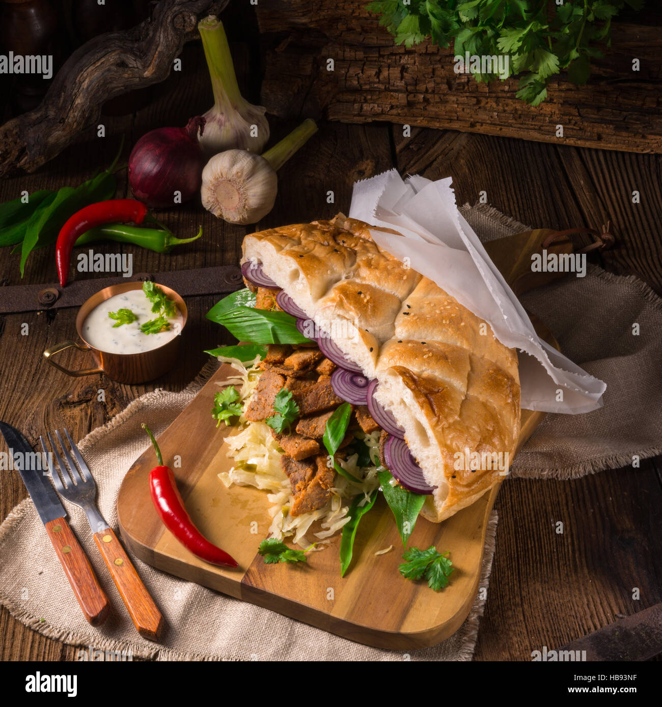 Gyros pita with wild garlic Stock Photo - Alamy
