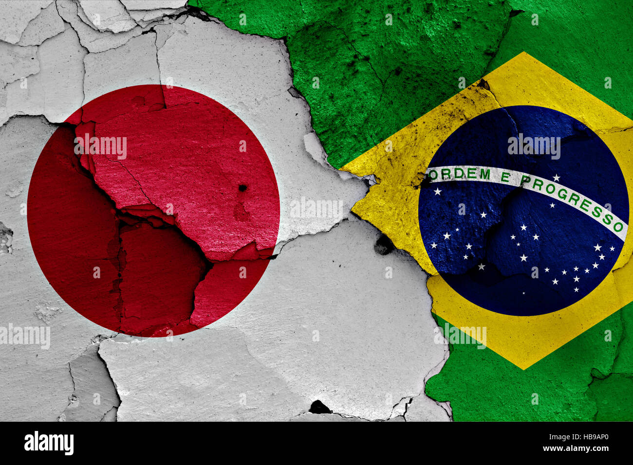 flags of Japan and Brazil painted on cracked wall Stock Photo - Alamy