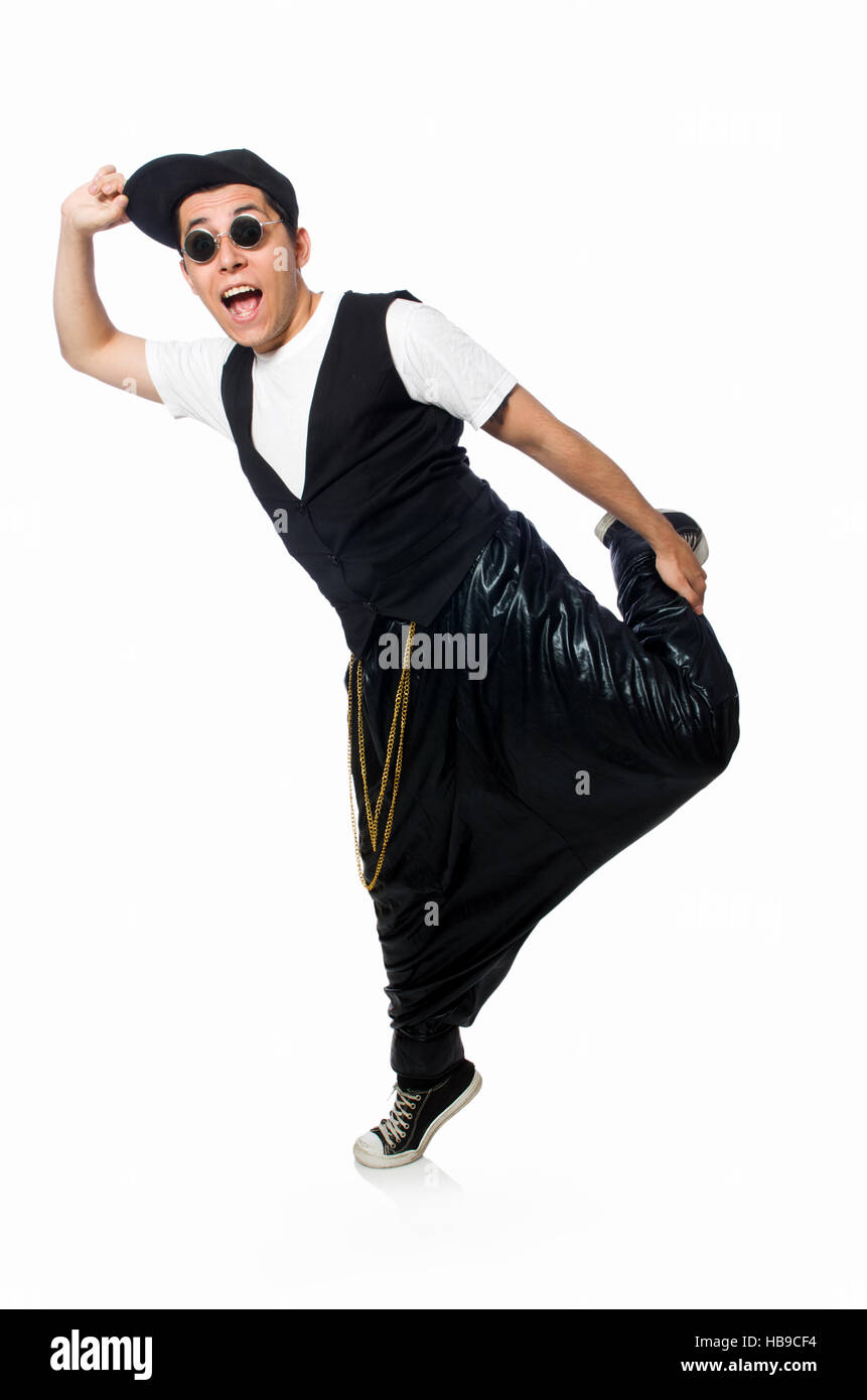 Funny young man dancing isolated on white Stock Photo - Alamy