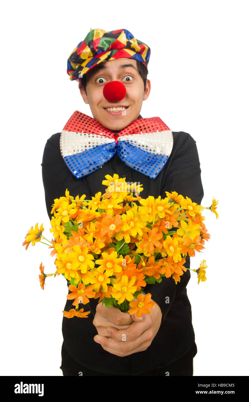 Funny clown with flowers isolated on white Stock Photo - Alamy