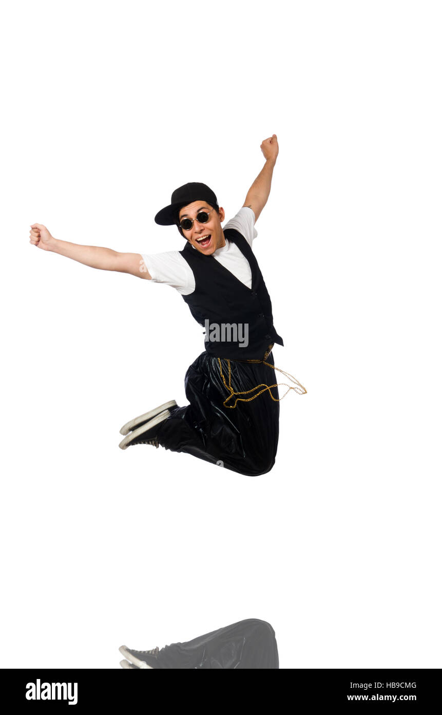 Funny young man dancing isolated on white Stock Photo - Alamy