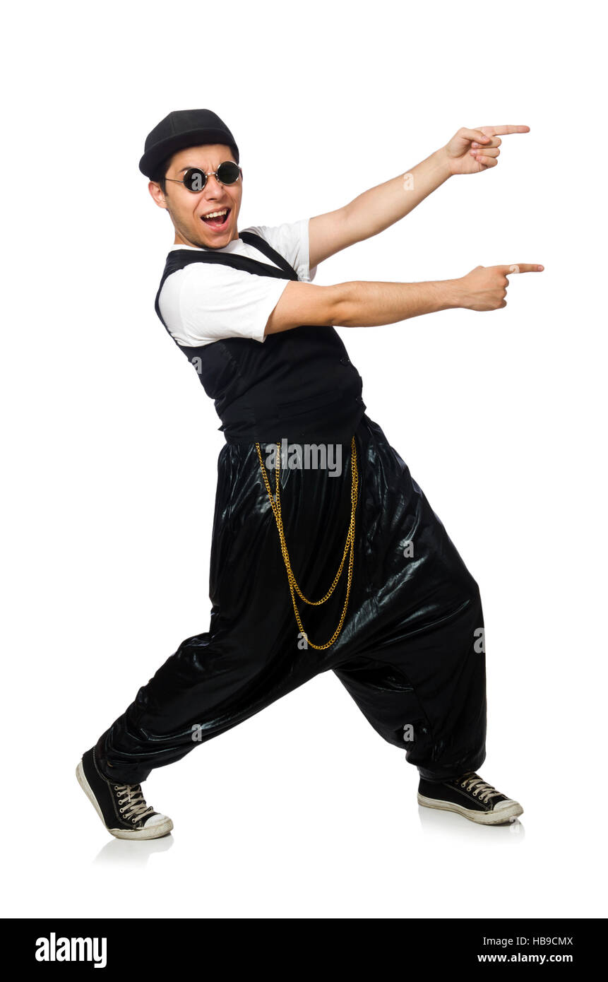 Funny young man dancing isolated on white Stock Photo - Alamy