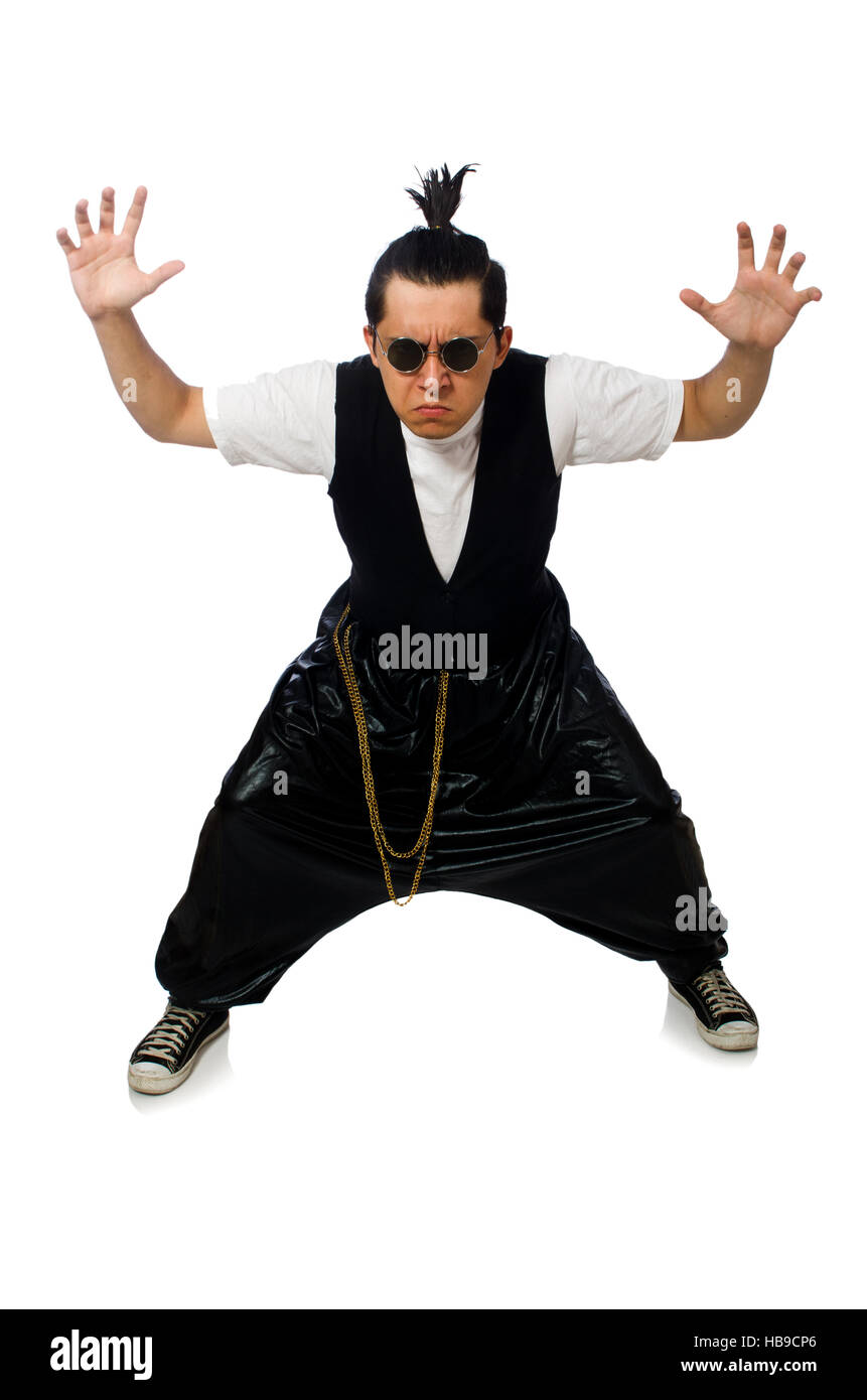 Funny young man dancing isolated on white Stock Photo - Alamy