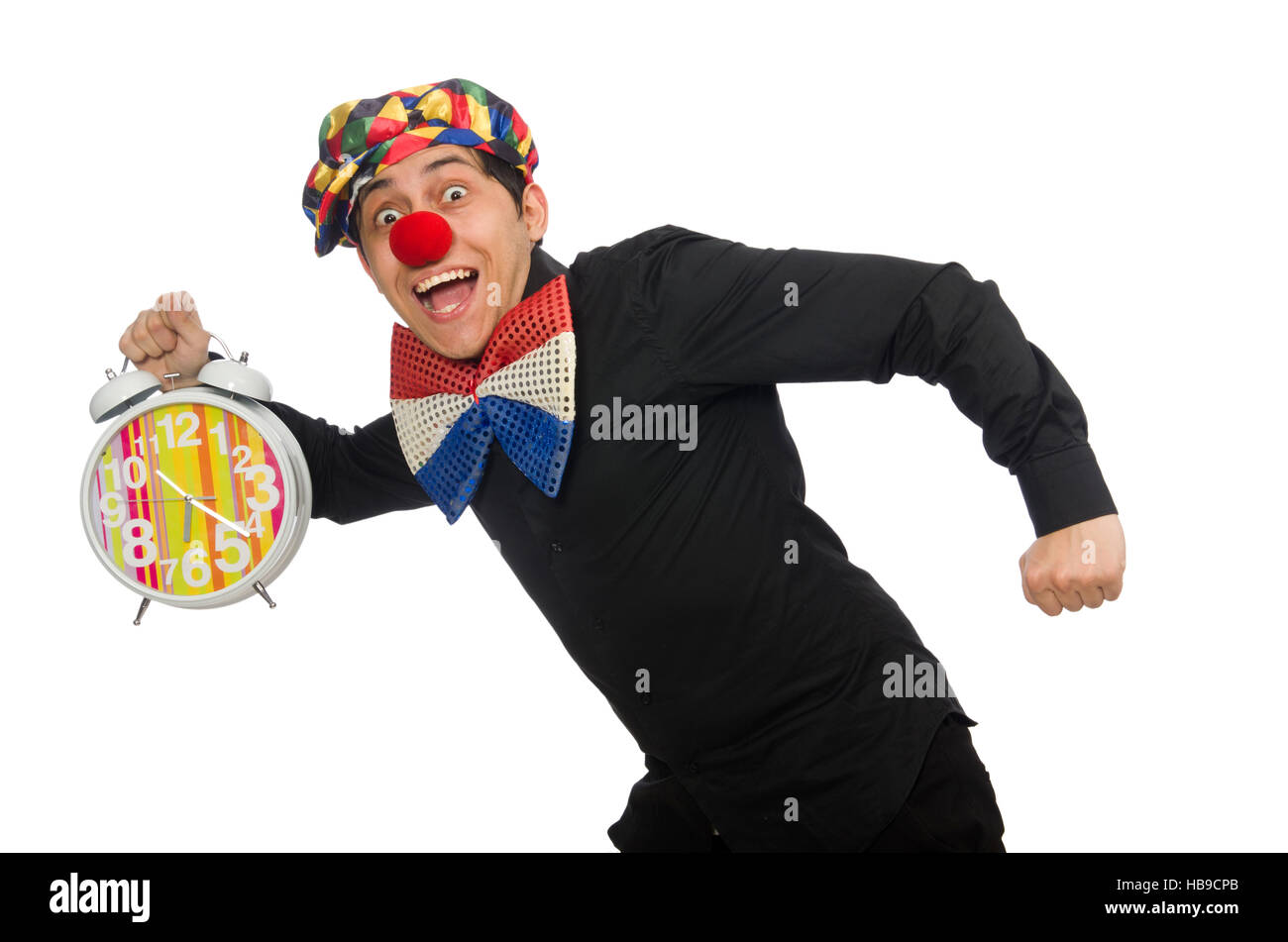 Funny clown with clock isolated on white Stock Photo - Alamy
