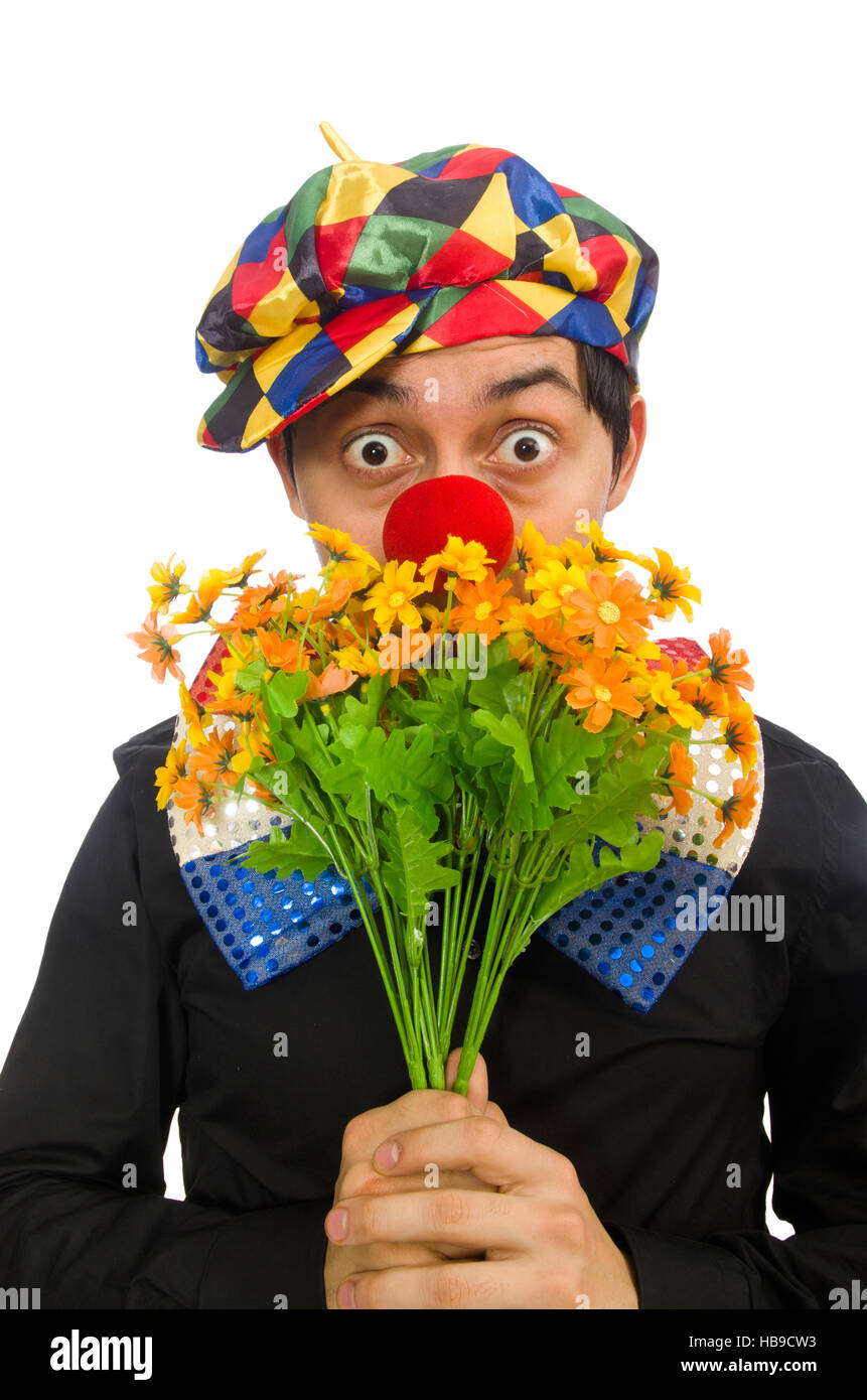 Funny clown with flowers isolated on white Stock Photo - Alamy