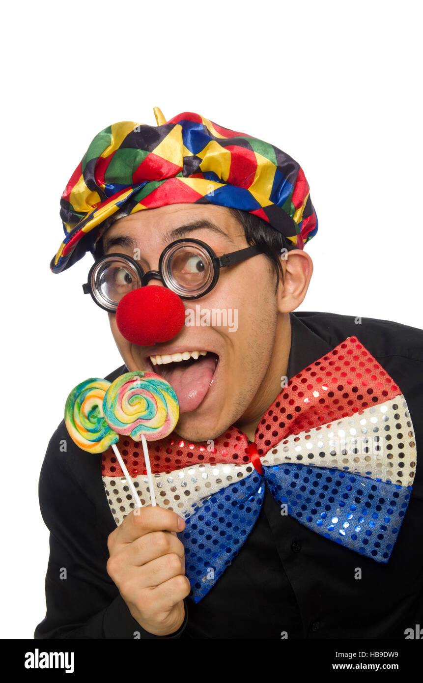 Funny clown with lollipop isolated on white Stock Photo - Alamy