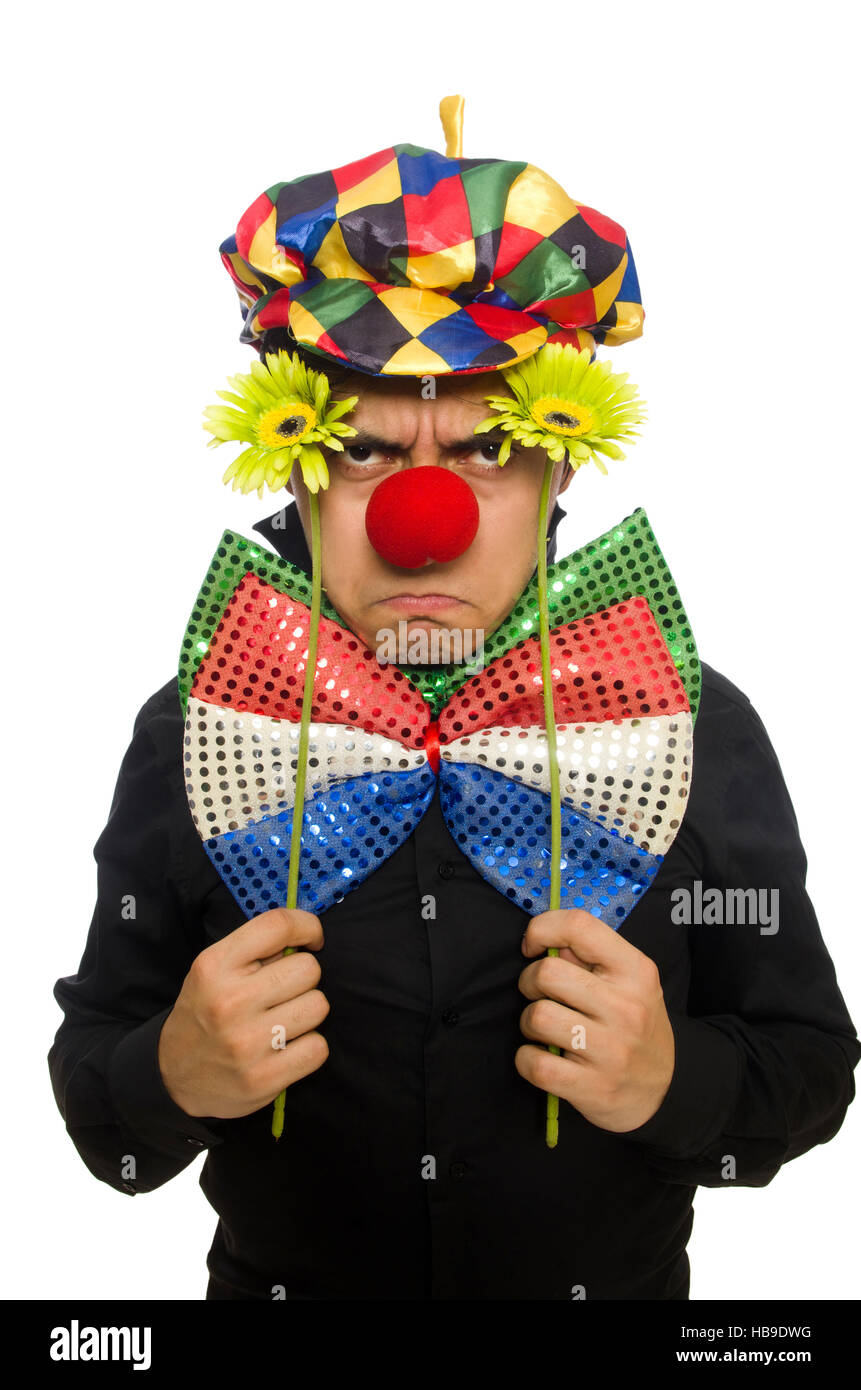 Funny clown with flowers isolated on white Stock Photo - Alamy