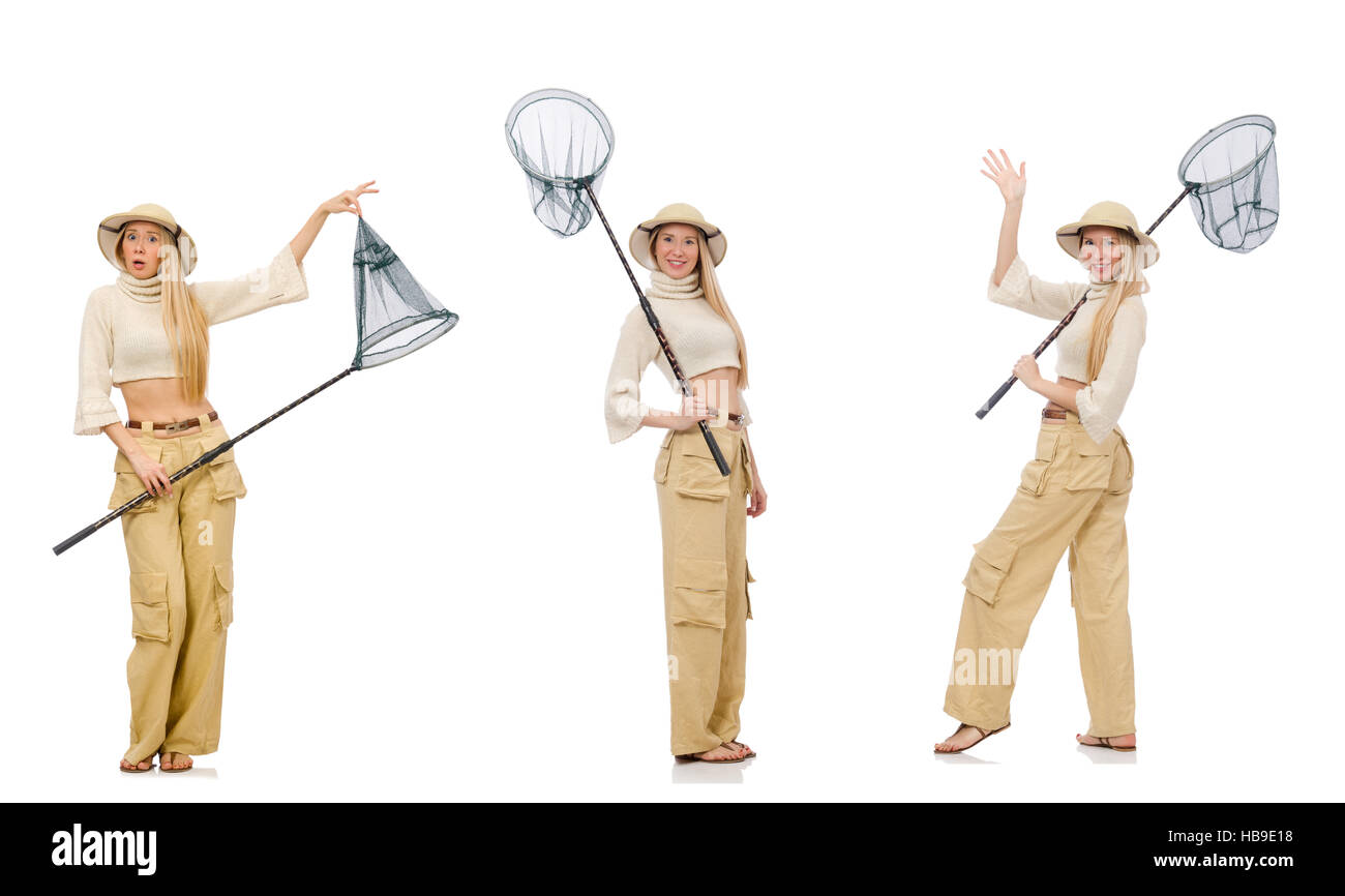 Woman with catching net on white Stock Photo - Alamy