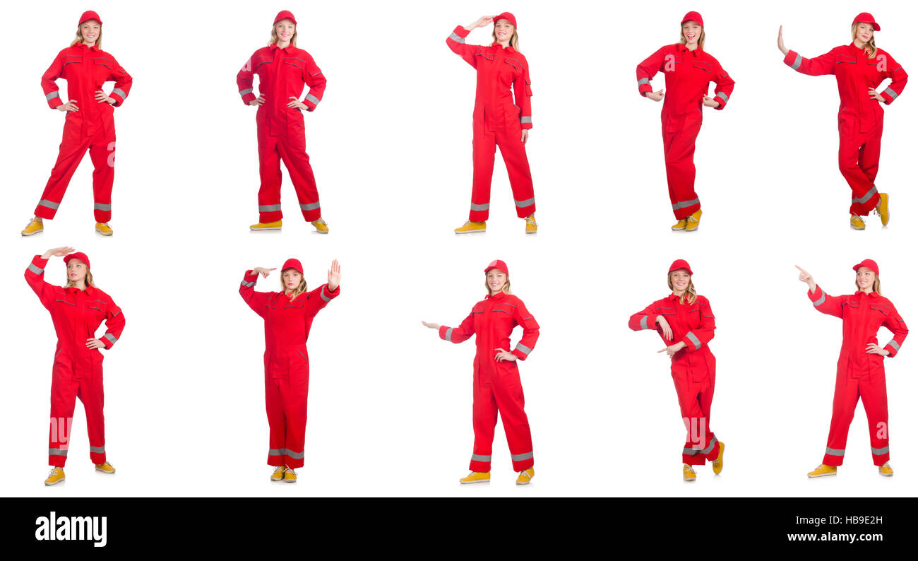 Woman in red overalls isolated on white Stock Photo - Alamy