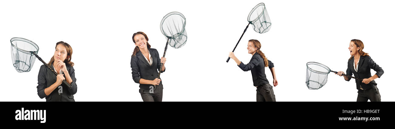Woman with net isolated on white Stock Photo - Alamy