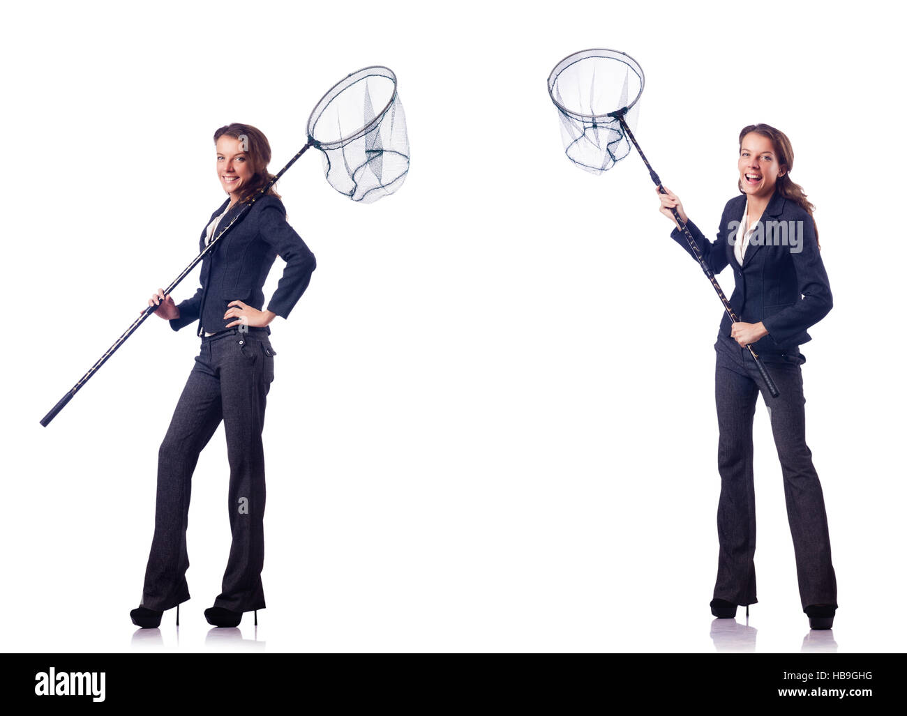 Woman with net isolated on white Stock Photo - Alamy