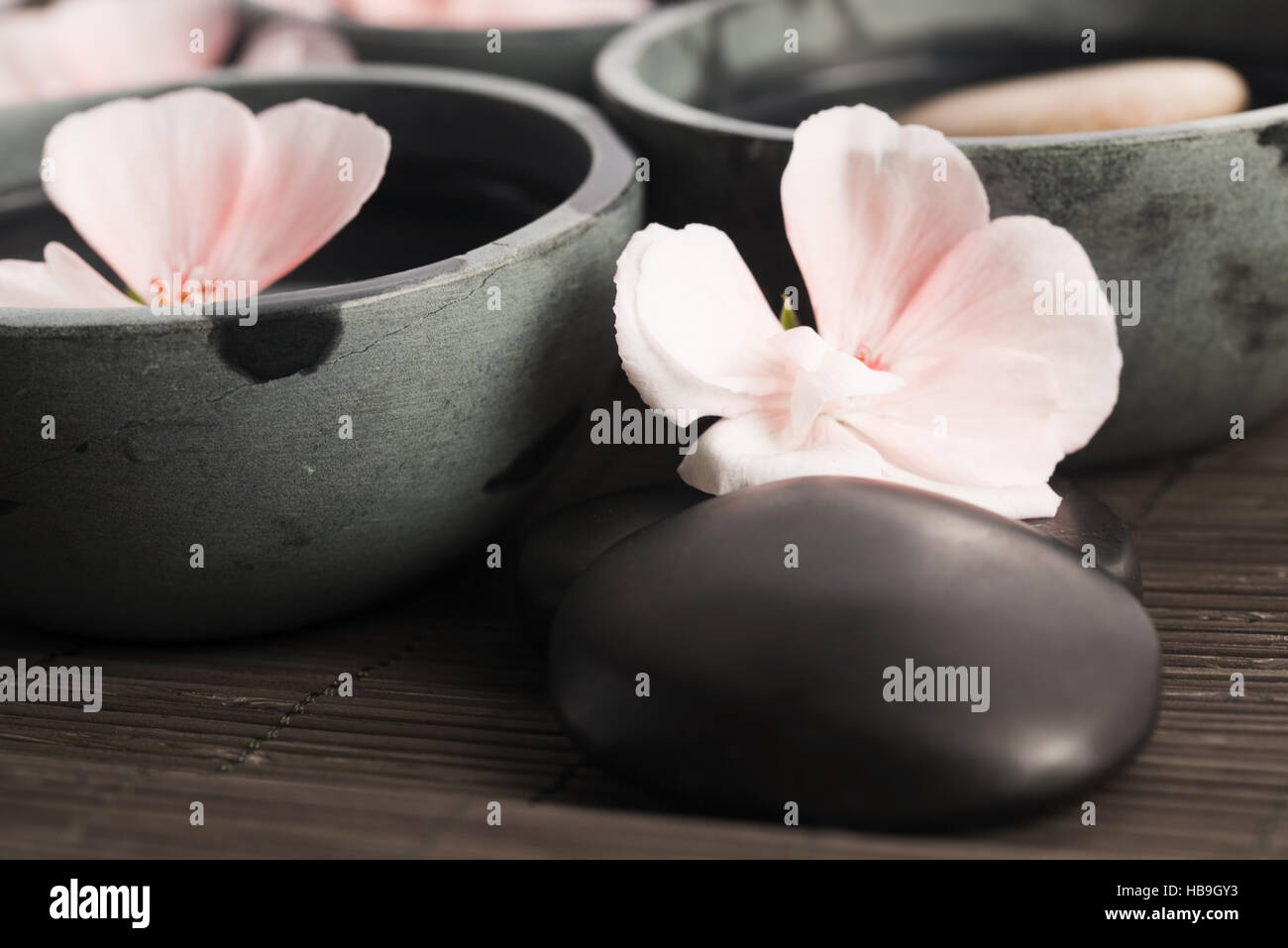 Spa still life, with pink flowers, stones and water Stock Photo - Alamy