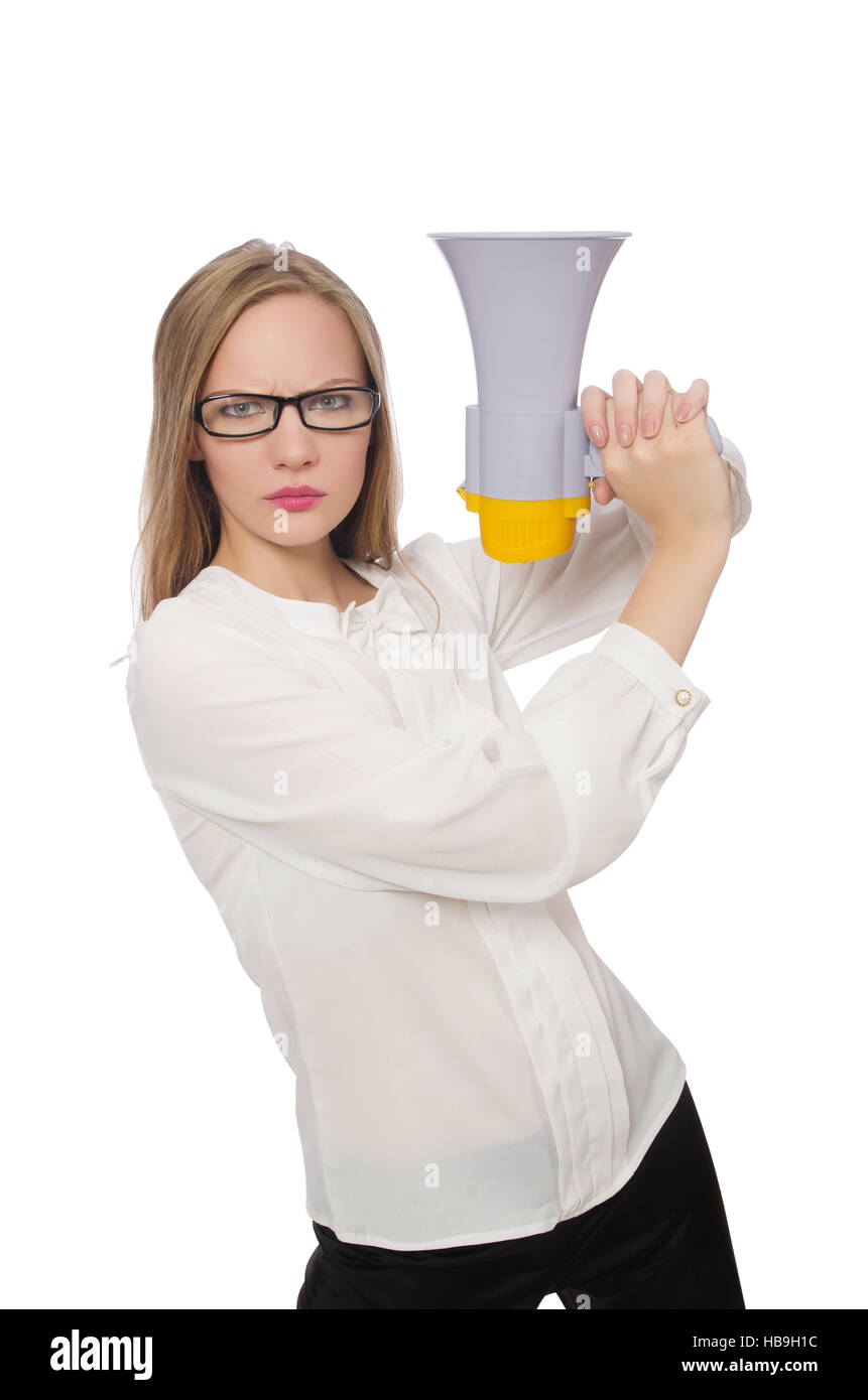 Woman with loudspeaker isolated on white Stock Photo - Alamy