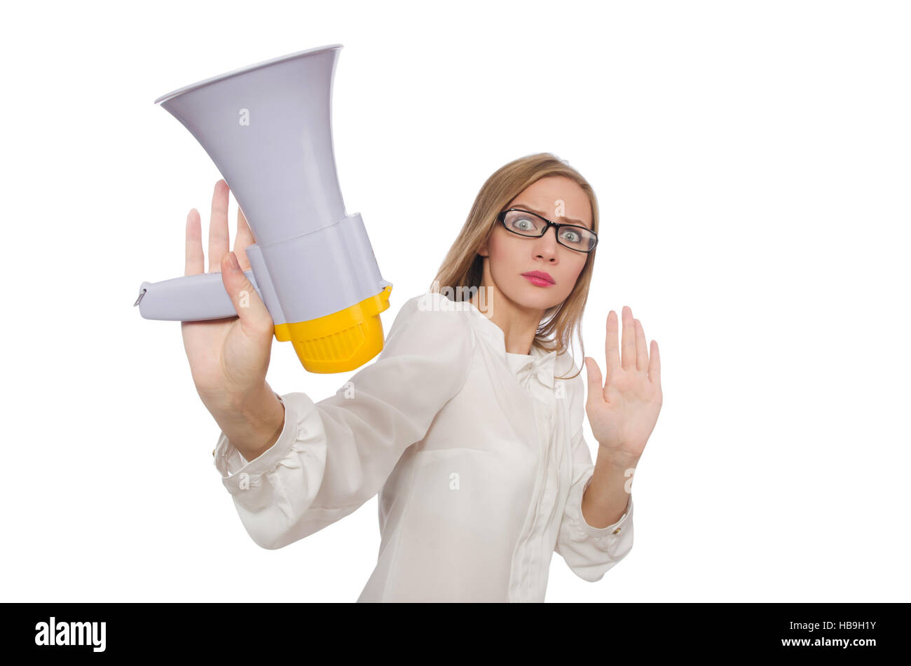 Woman with loudspeaker isolated on white Stock Photo - Alamy