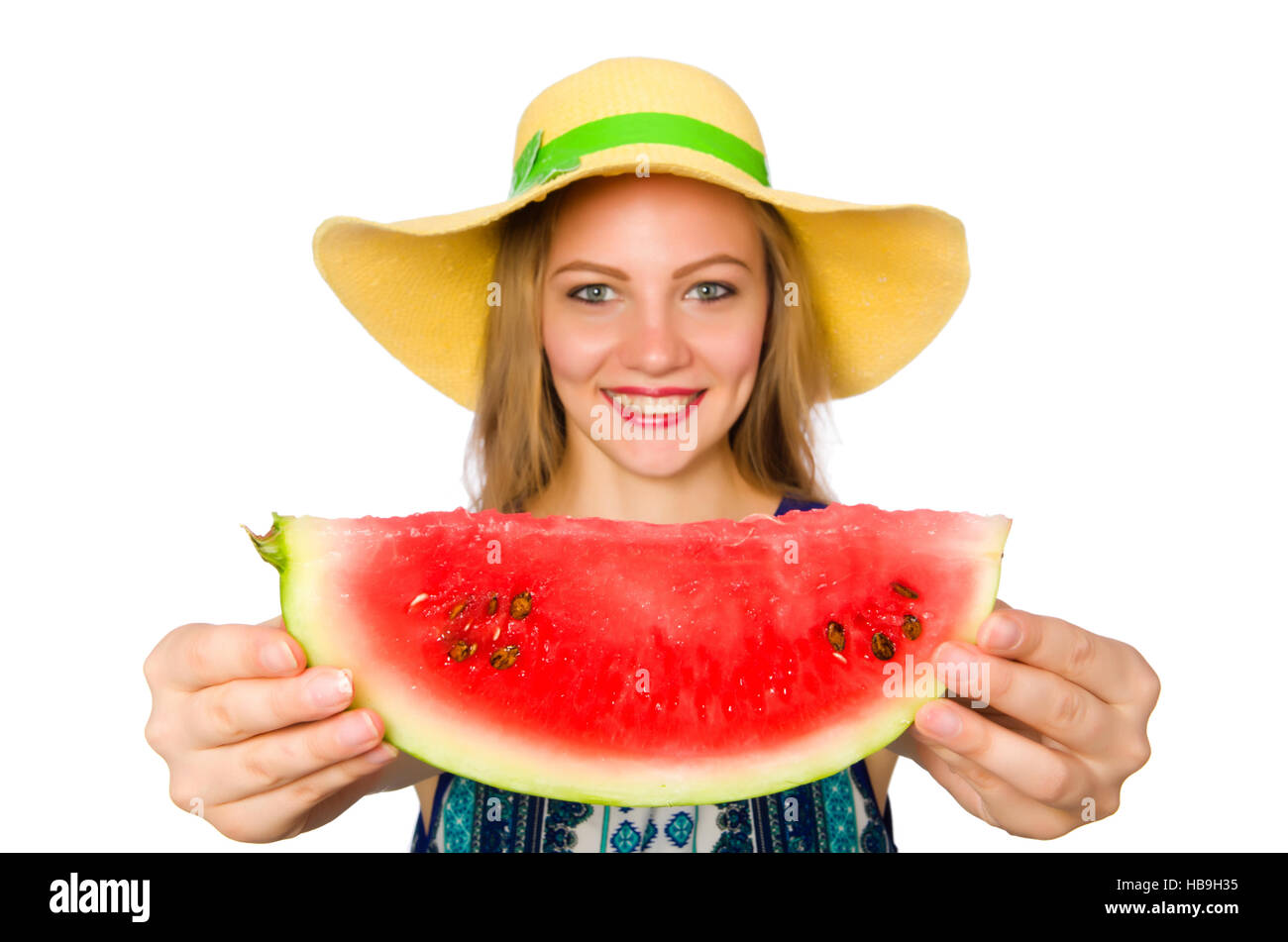Woman eating watermelon isolated on white Stock Photo - Alamy
