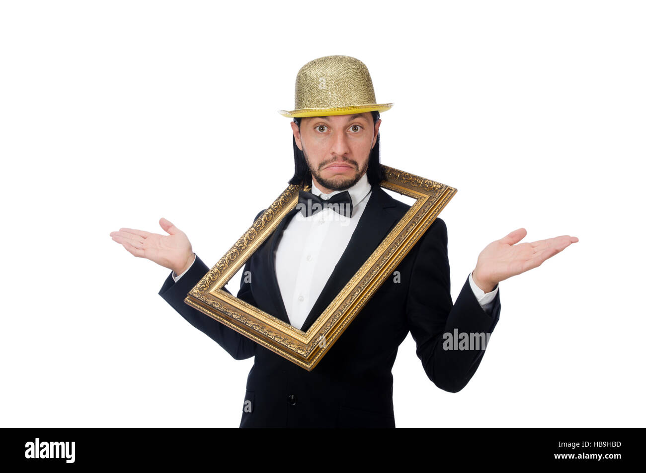 Man with picture frame isolated on white Stock Photo - Alamy
