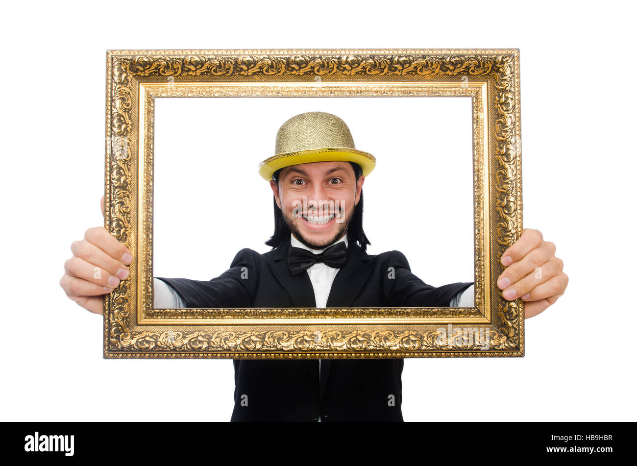 Man with picture frame isolated on white Stock Photo - Alamy