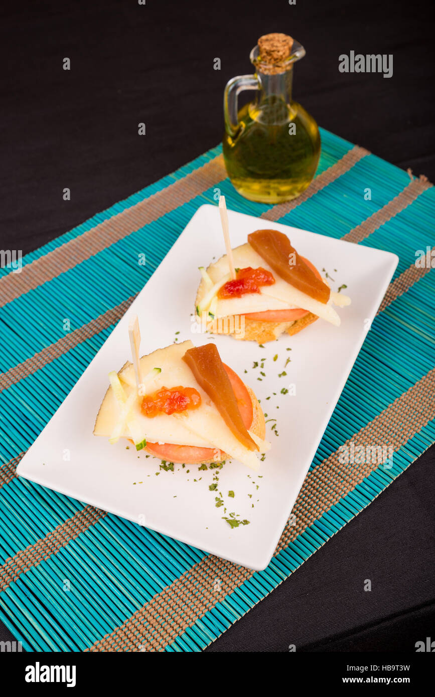 Pincho style tapa with quince and manchego cheese, a Spanish classic ...