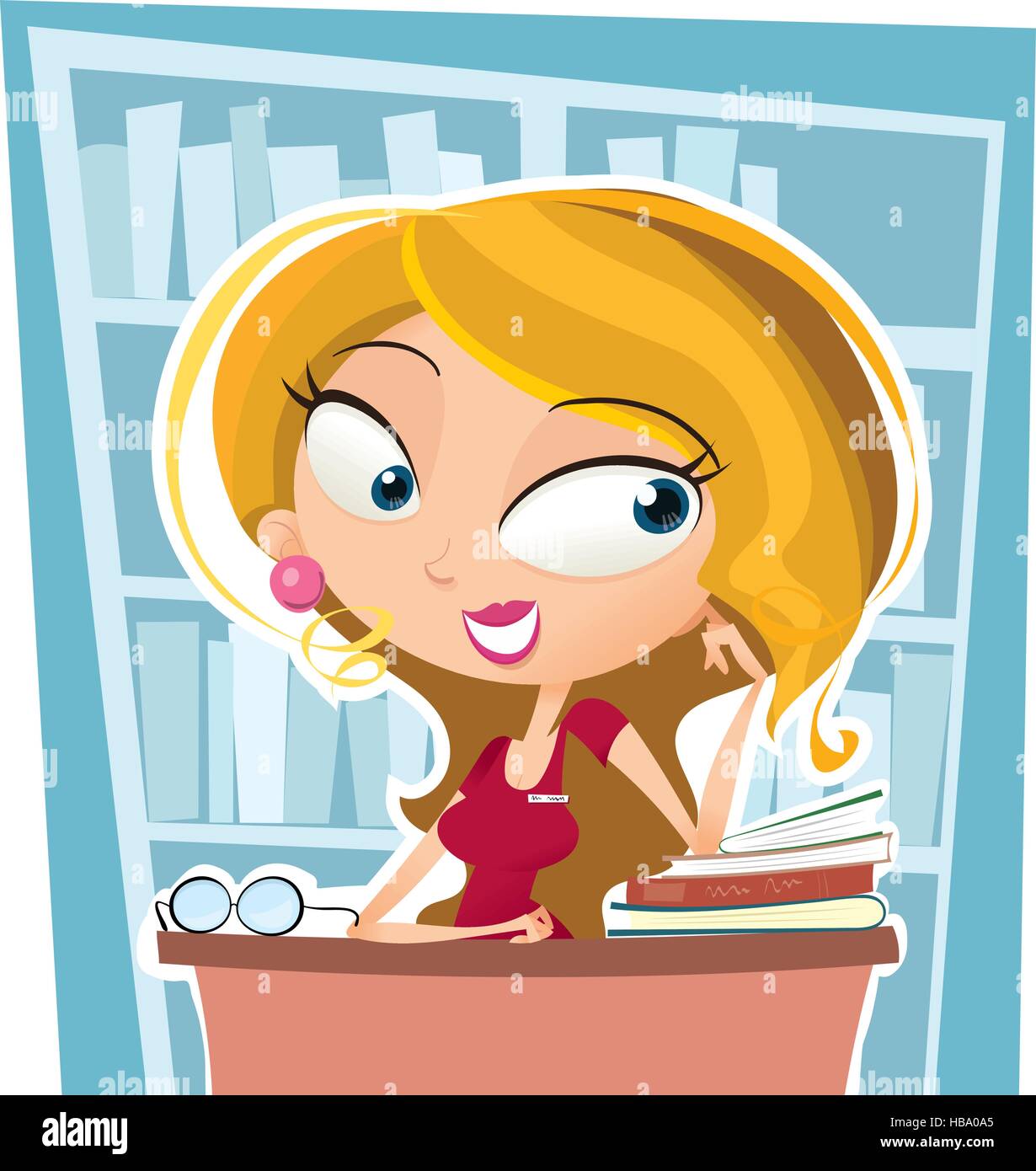cartoon beautiful librarian sitting on working desk at the library ...