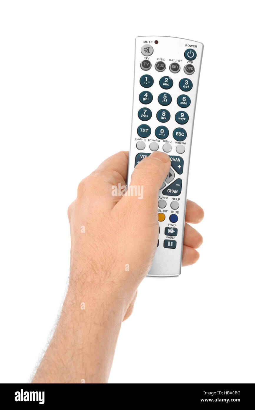 Hand holding tv remote Cut Out Stock Images & Pictures - Alamy
