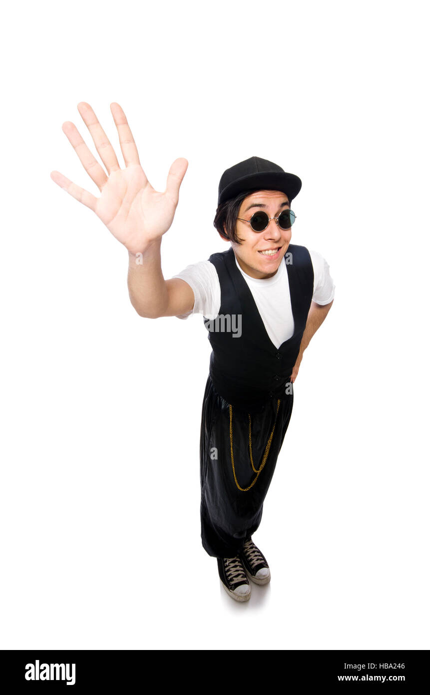 Funny young man dancing isolated on white Stock Photo - Alamy