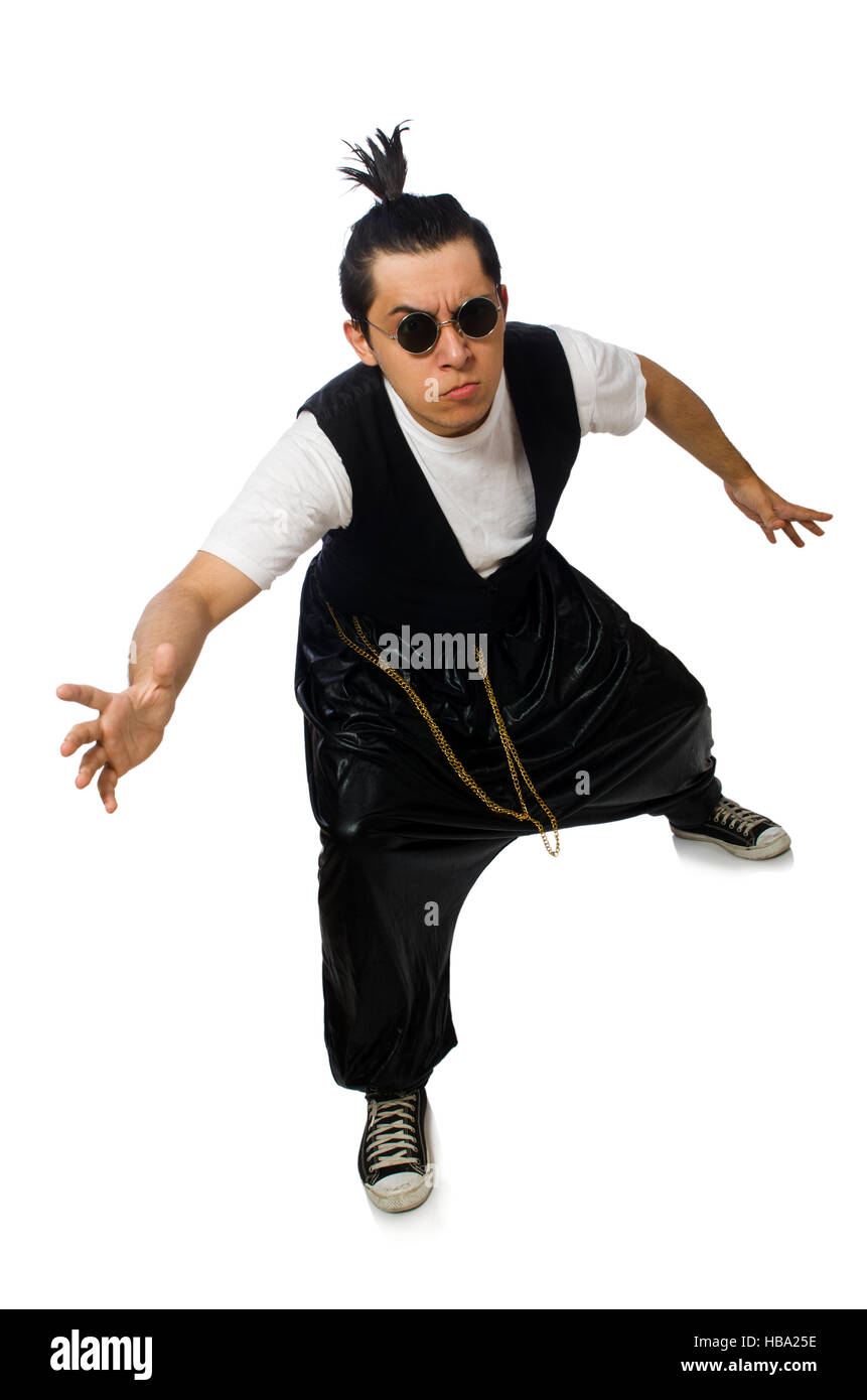 Funny young man dancing isolated on white Stock Photo - Alamy