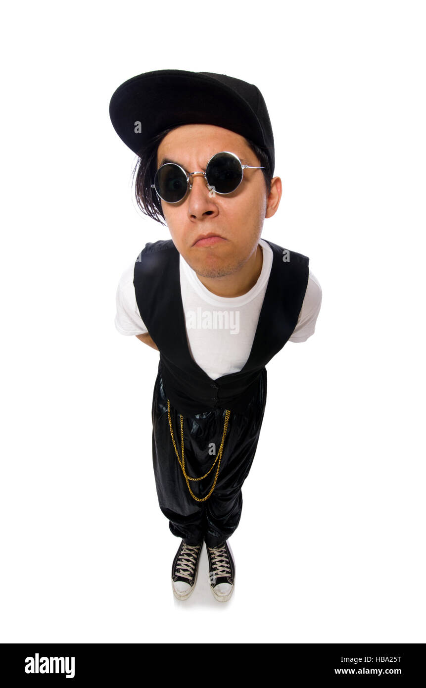 Funny young man dancing isolated on white Stock Photo - Alamy