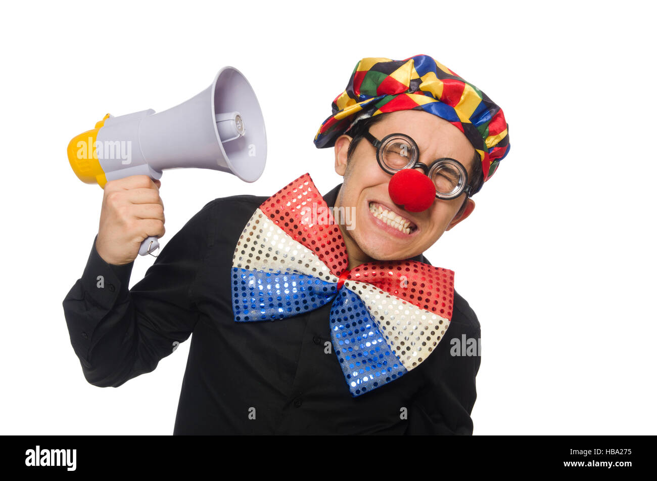 Clown with loudspeaker isolated on white Stock Photo - Alamy