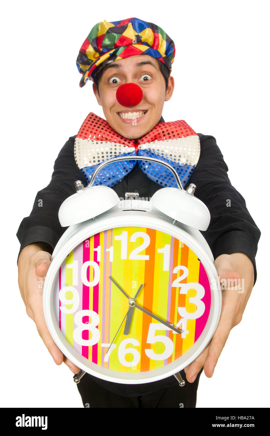 Funny clown with clock isolated on white Stock Photo - Alamy