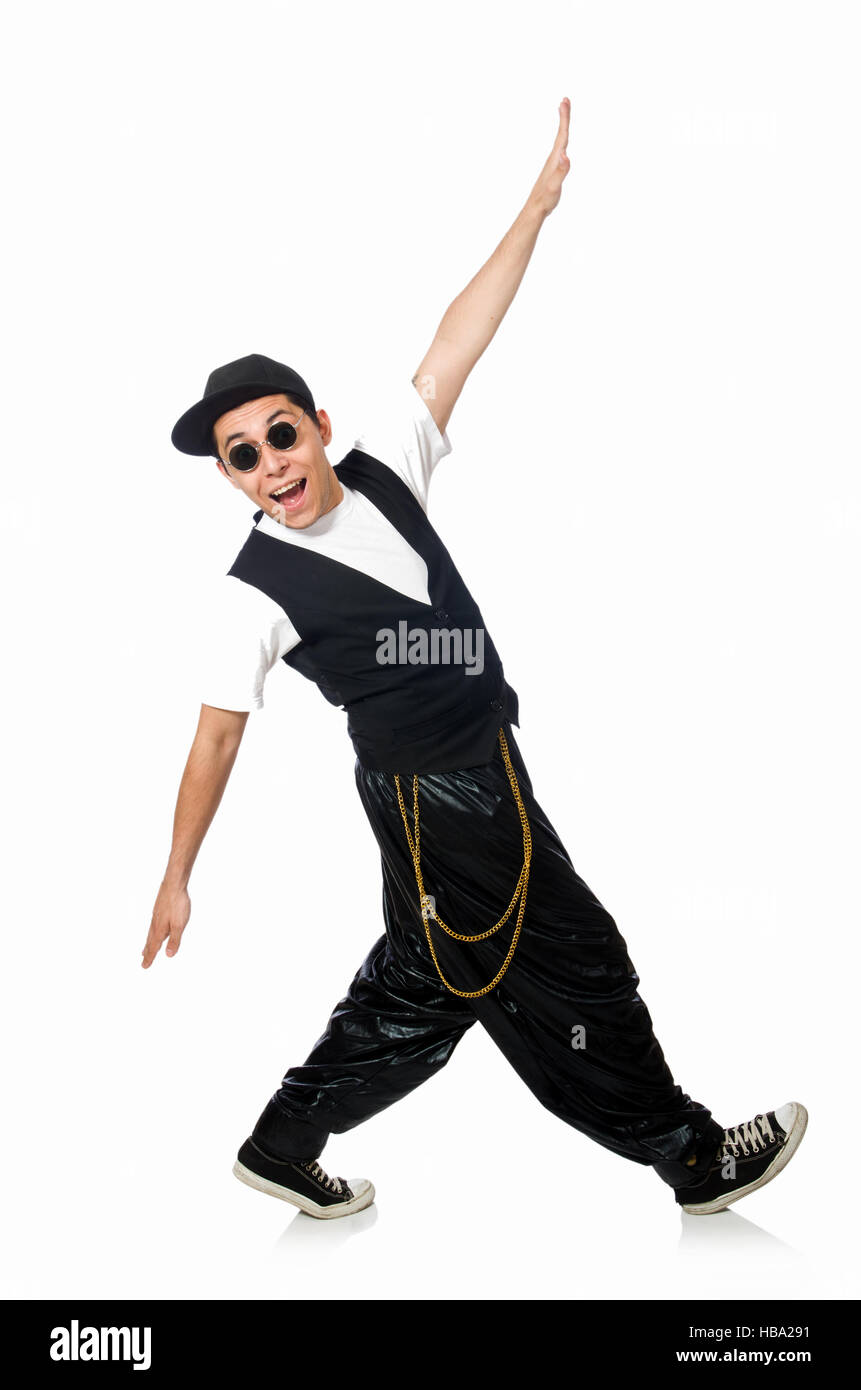 Funny young man dancing isolated on white Stock Photo - Alamy