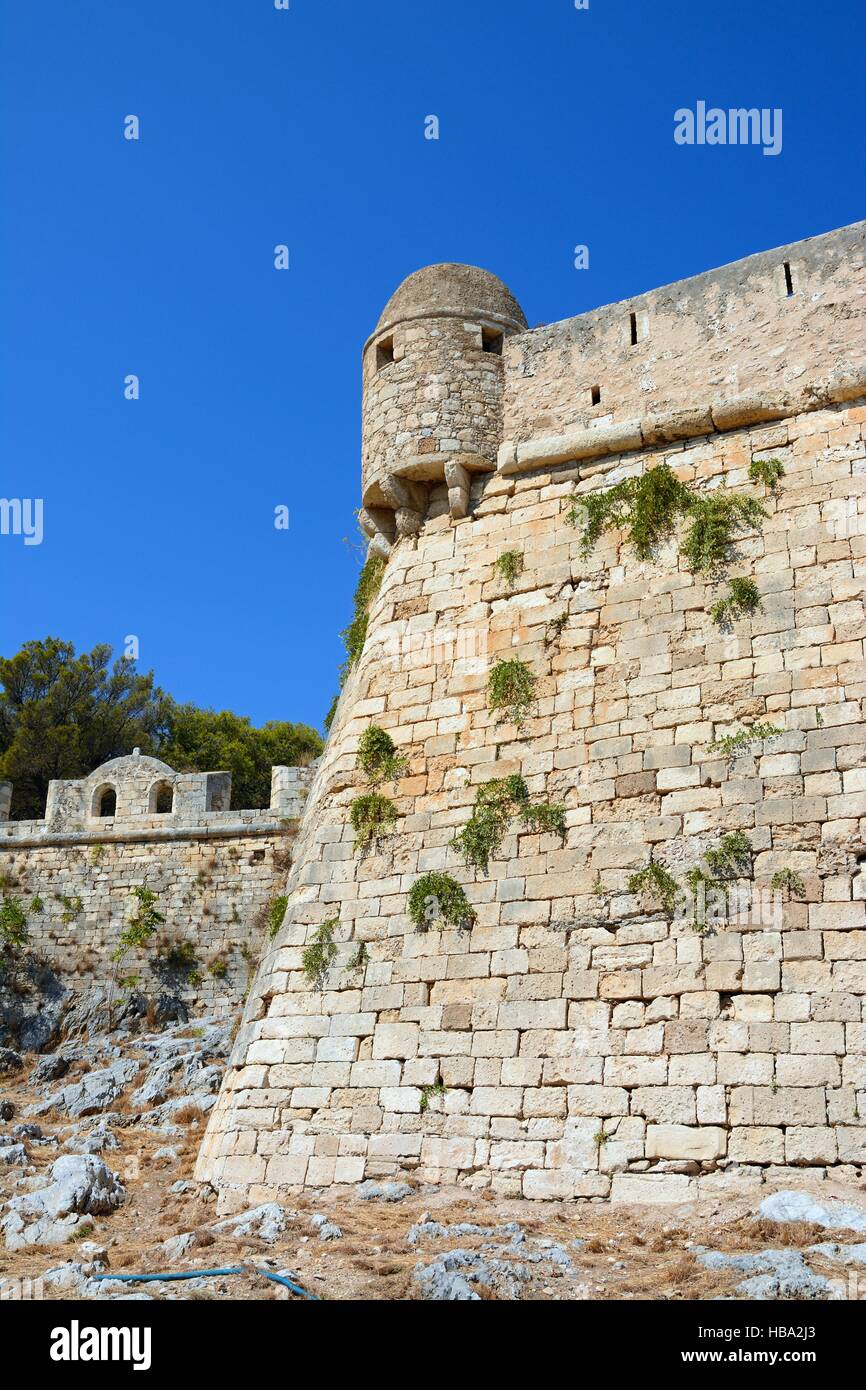 View of a corner turret on the Venetian castle, Rethymno, Crete, Greece ...