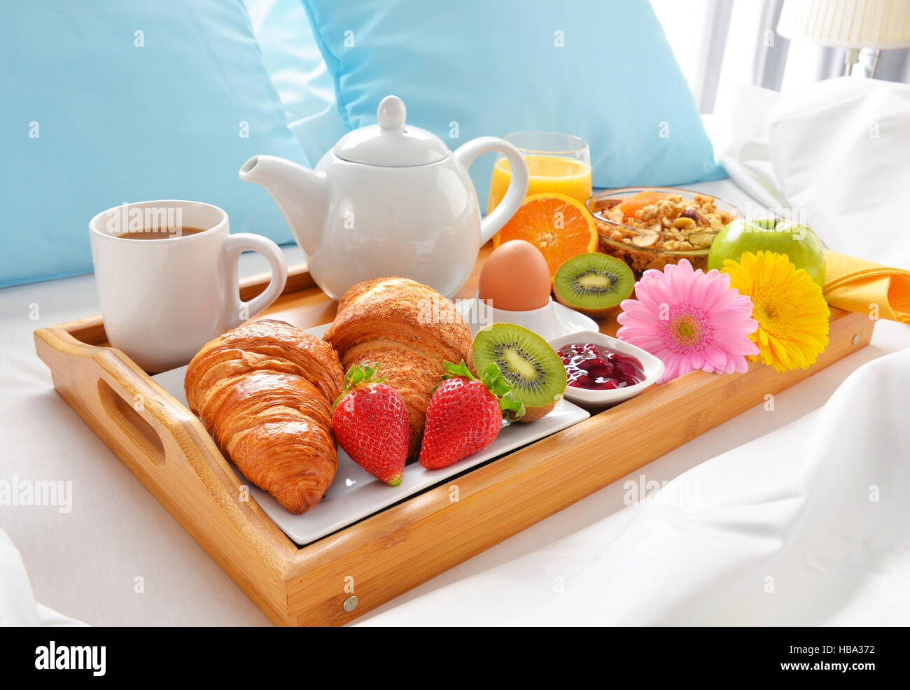 Breakfast tray in bed in hotel room Stock Photo - Alamy