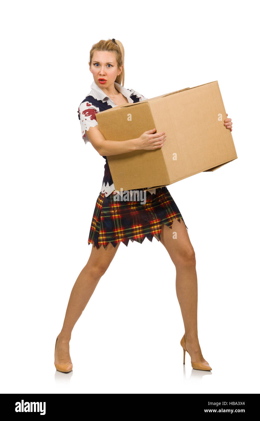Woman with cardboard box isolated on white Stock Photo - Alamy