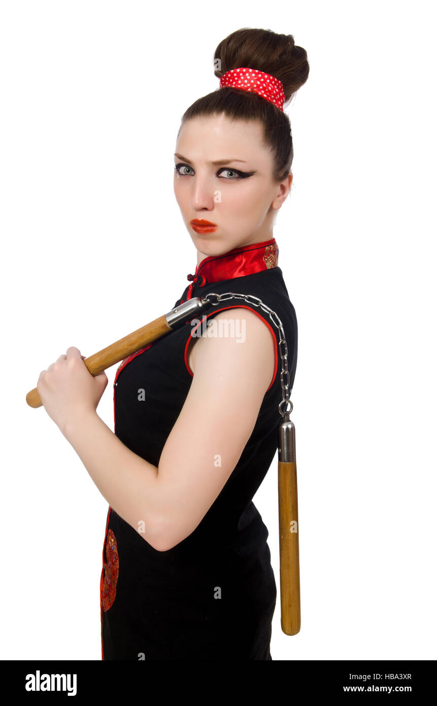Funny woman with nunchucks isolated on white Stock Photo - Alamy