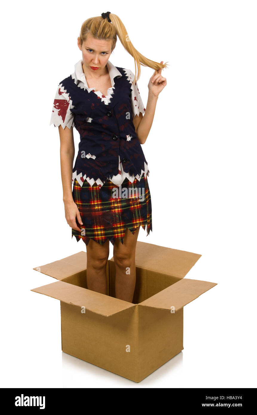 Woman with cardboard box isolated on white Stock Photo - Alamy