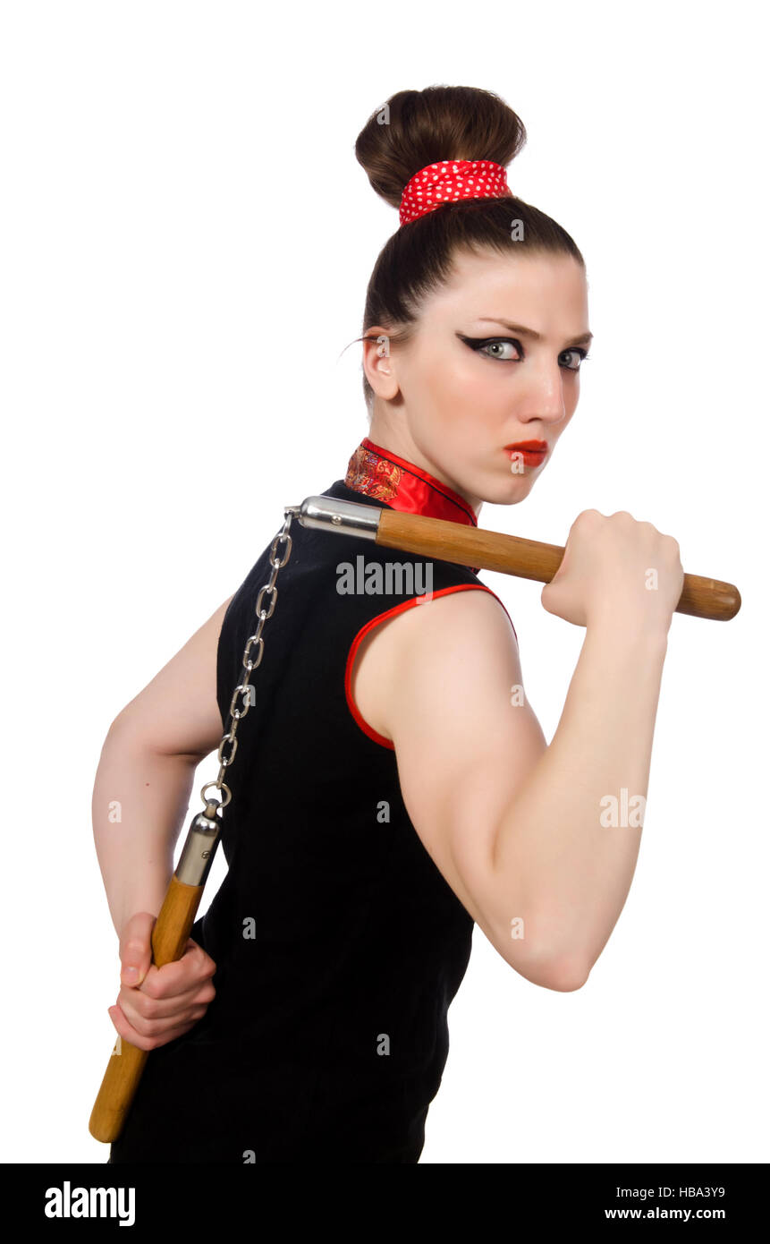 Funny woman with nunchucks isolated on white Stock Photo - Alamy