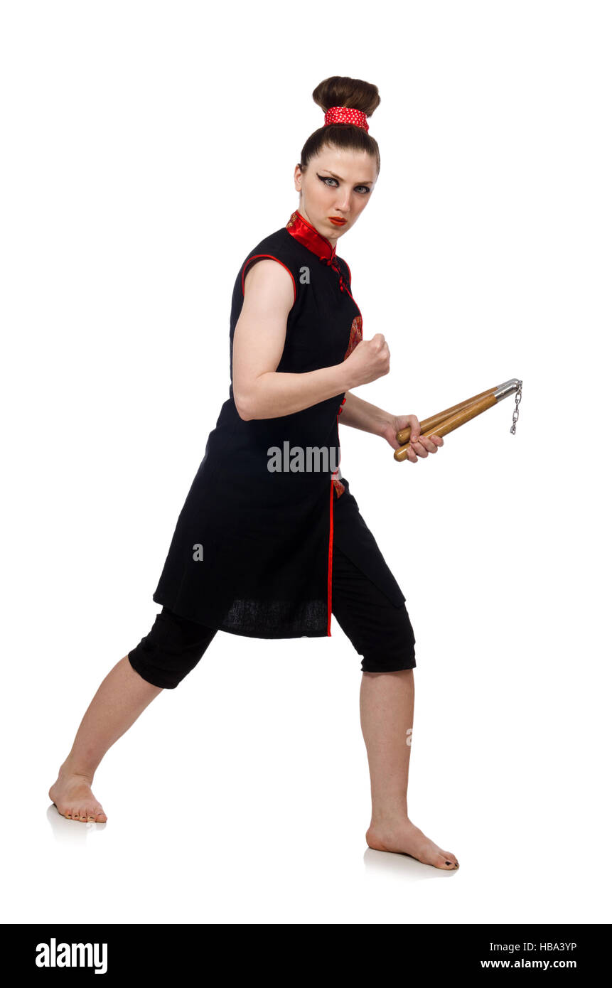 Funny woman with nunchucks isolated on white Stock Photo - Alamy