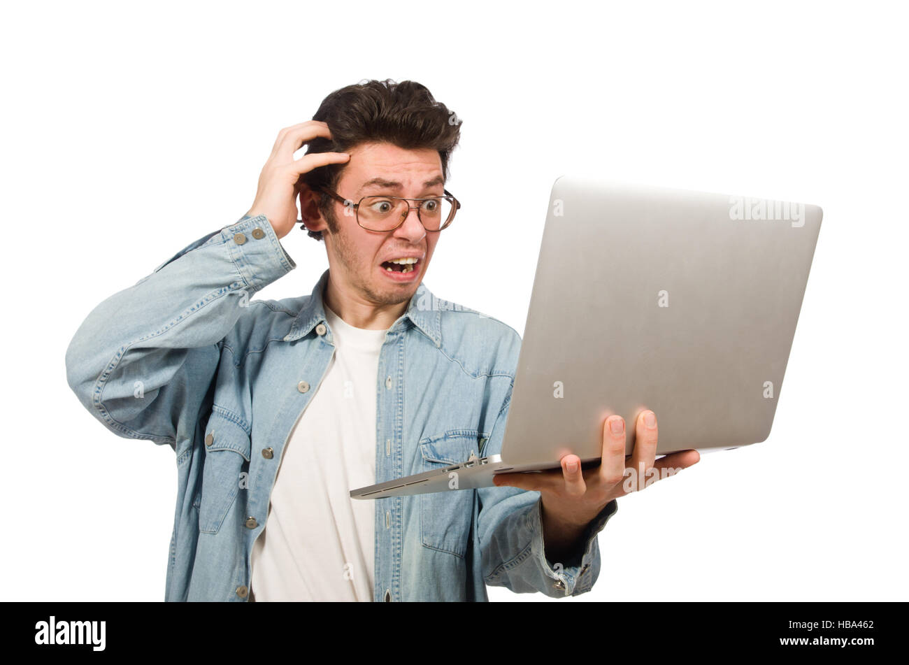 Young student with laptop isolated on white Stock Photo - Alamy