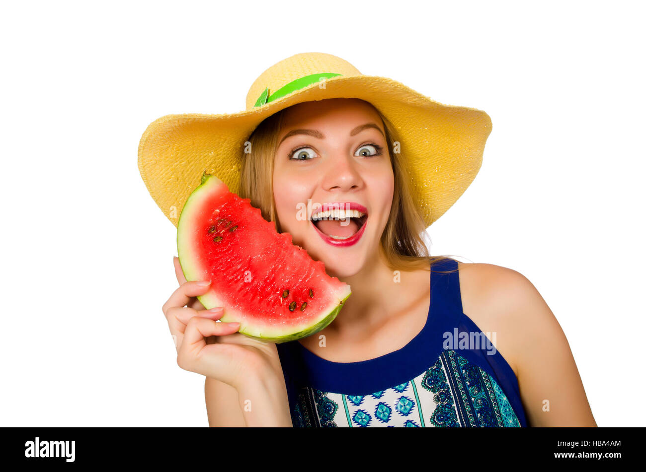 Woman eating watermelon isolated on white Stock Photo - Alamy